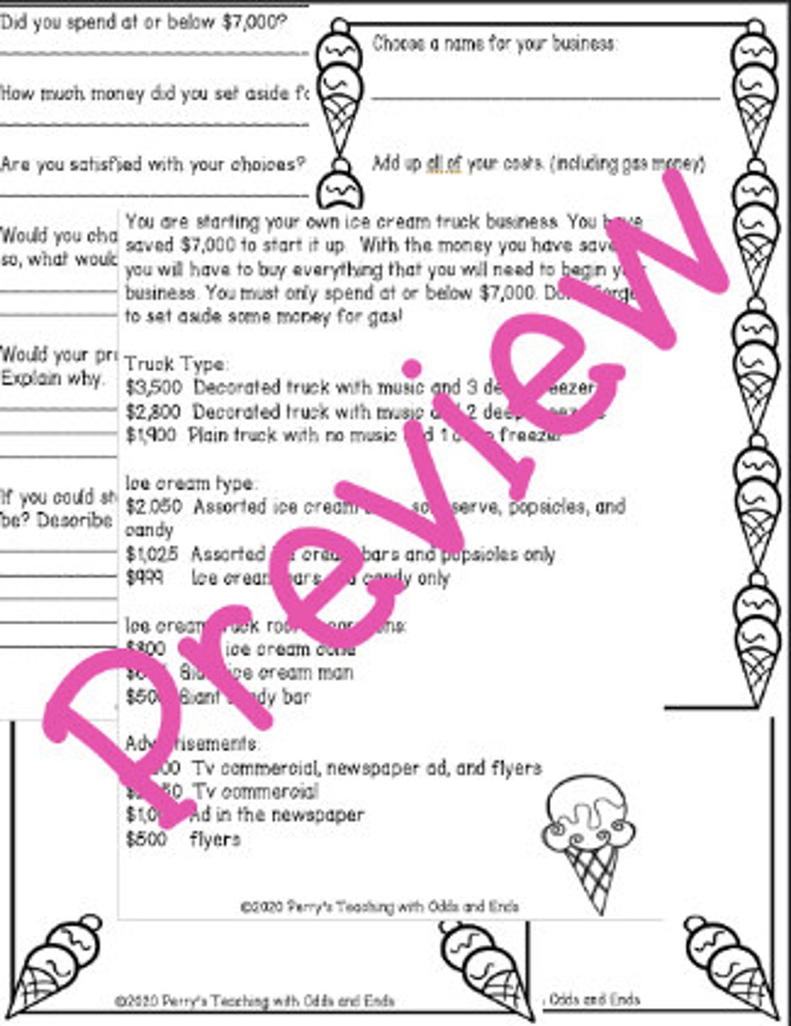 Economics "plan Your Ice Cream Truck Business" Life Skills Budgeting ...