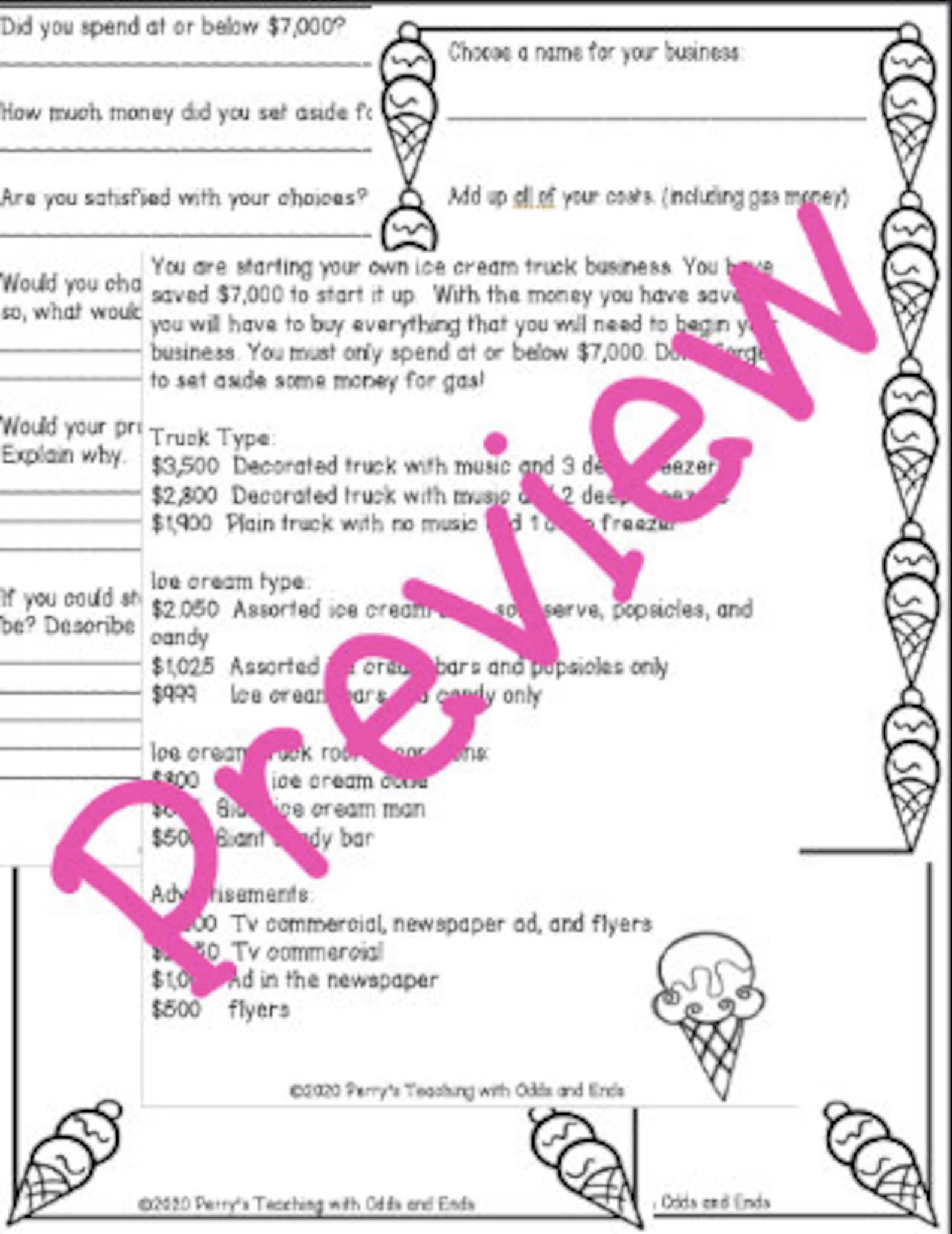 Economics "plan Your Ice Cream Truck Business" Life Skills Budgeting ...