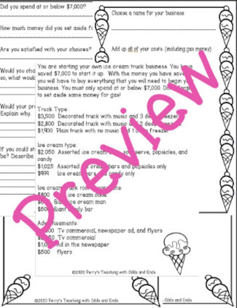 Economics "plan Your Ice Cream Truck Business" Life Skills Budgeting ...