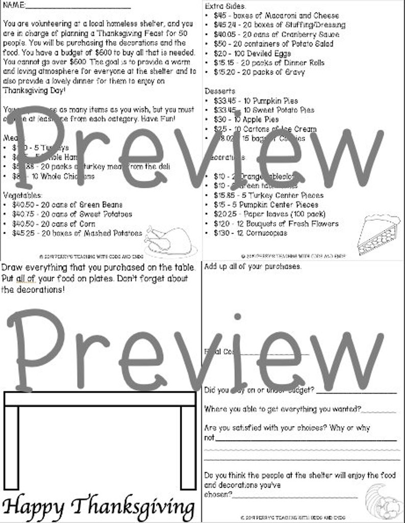 Thanksgiving Math/economics Activity Life Skills - Etsy