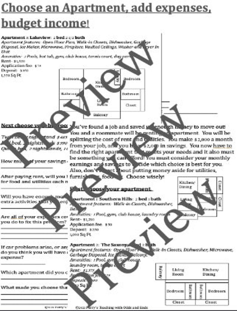Economics Teaching Activity "my First Apartment" Life Skills Budgeting ...
