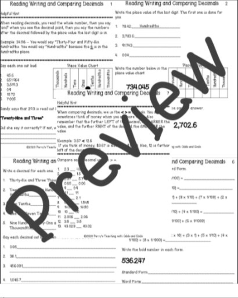 Reading Writing and Comparing Decimals Worksheets 5th Grade Math ...