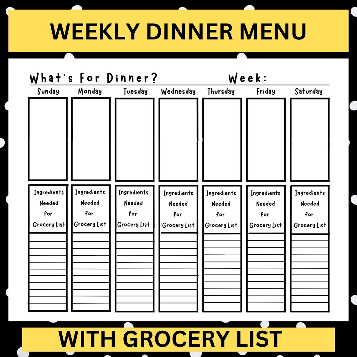Weekly Dinner Planner Calendar With Grocery List Printable PDF Download ...