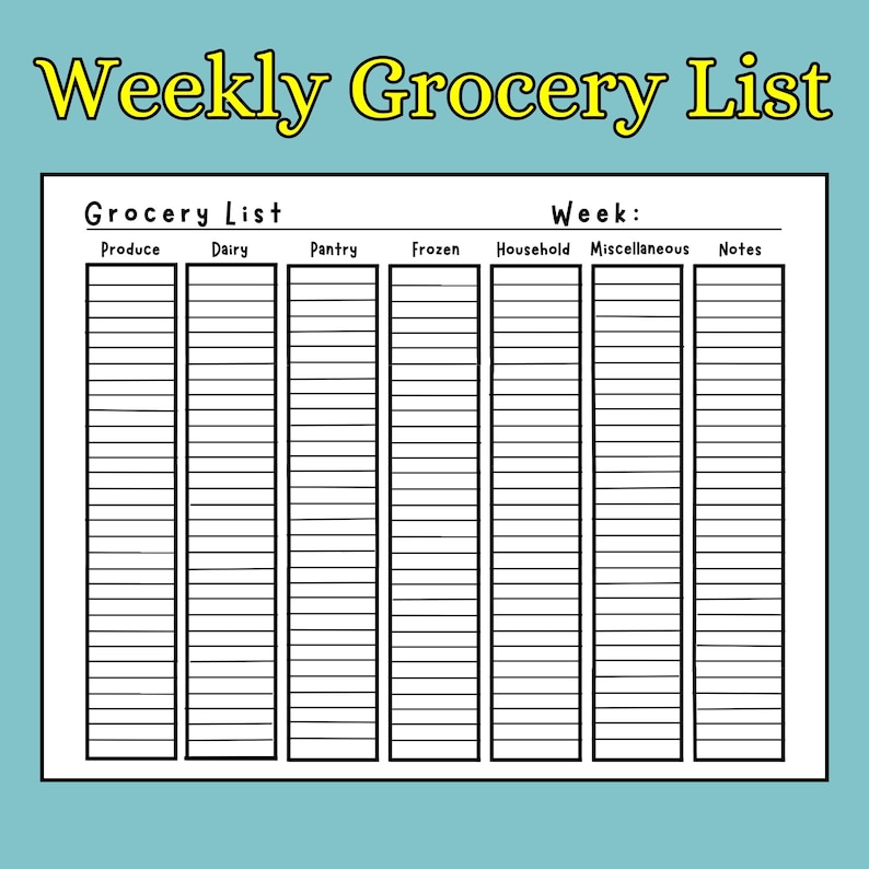 Cute, Fun and Easy! Simple List for Weekly Groceries - Etsy