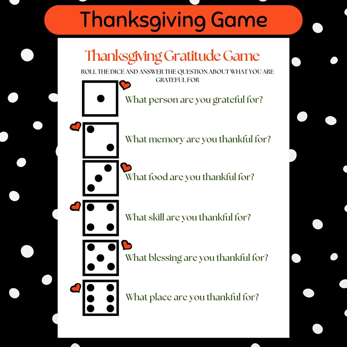 Fun Thanksgiving Gratitude Game Roll the Dice Group I Am Grateful Game ...