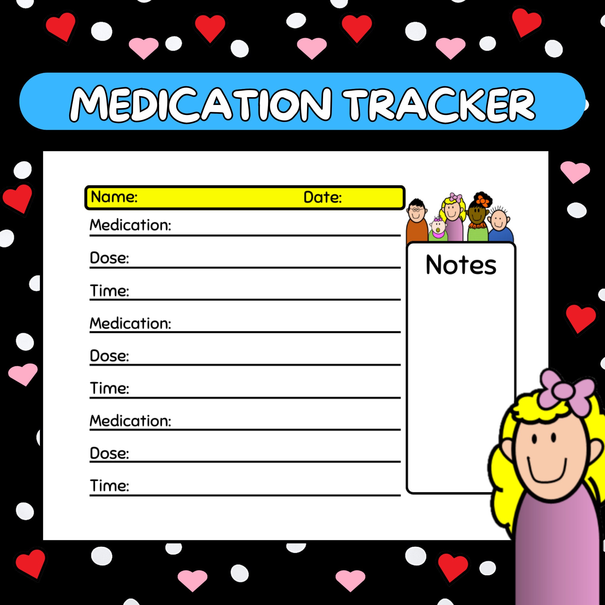 Kids Medication Log Chart Tracker 4 List Planner Kid Cute Medication ...