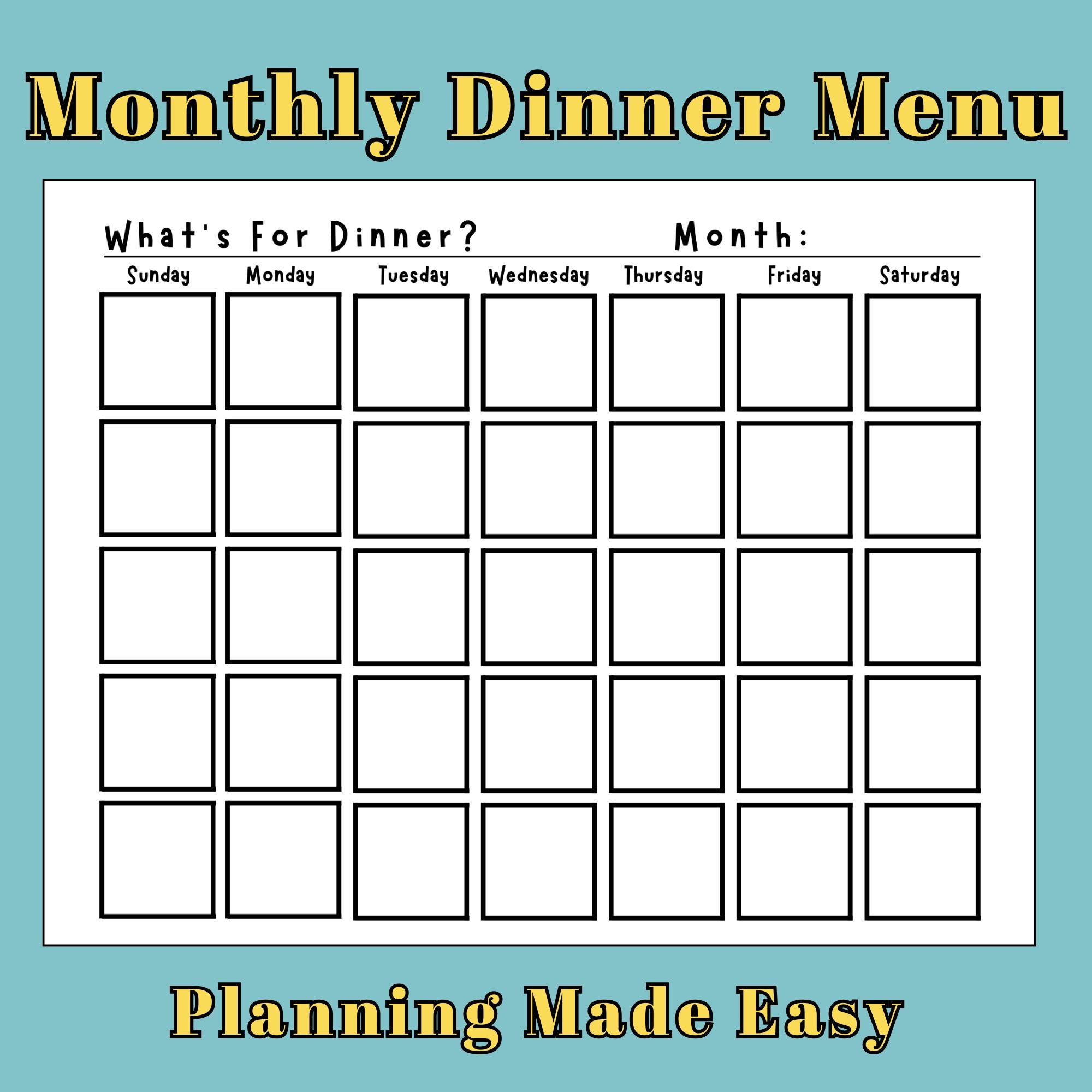 Printable Monthly Dinner Menu Planner: Meal Planning Template (digital ...