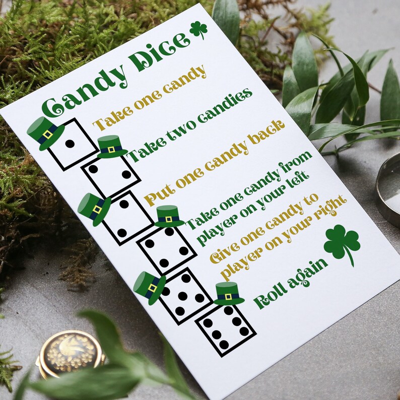 St. Patrick's Day Game Fun Candy Roll the Dice for Candy Shamrock Candy ...