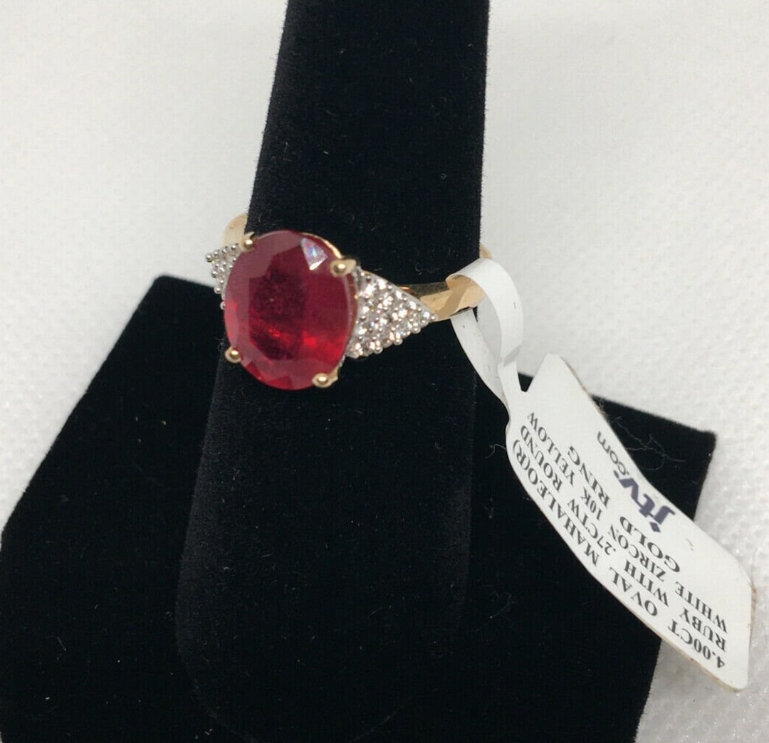 4.00 Oval Mahaleo Ruby W .27 CTW Round White Zircon 10K Yellow Gold ...