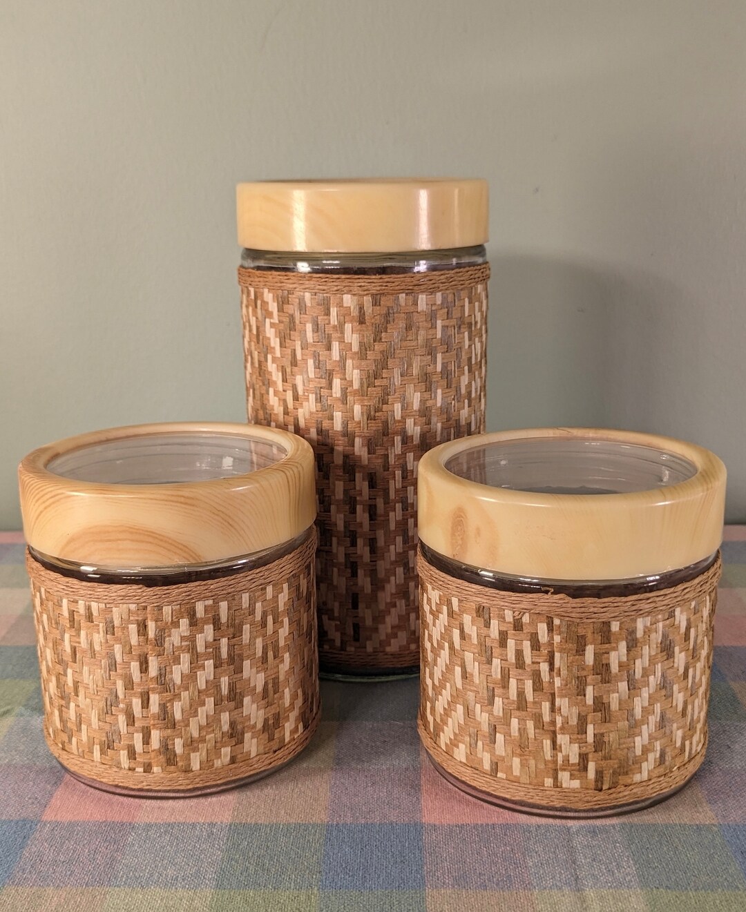 Vintage Glass Canisters Rattan Wicker Sleeves Plastic Wood Grain Lids ...