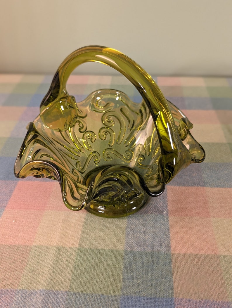 Vintage Forest Green Glass Basket With Swirl Designs - Etsy
