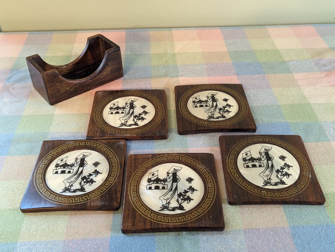 Vintage Lacquered Wood Coasters With Capiz Shell Inlay Gold Gilt Set of ...