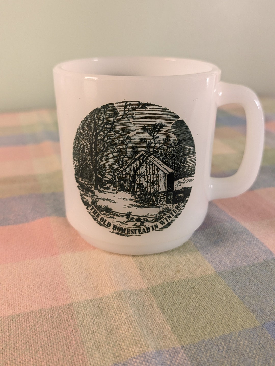 Vintage Glasbake Mug Currier and Ives the Old Homestead in Winter Milk ...