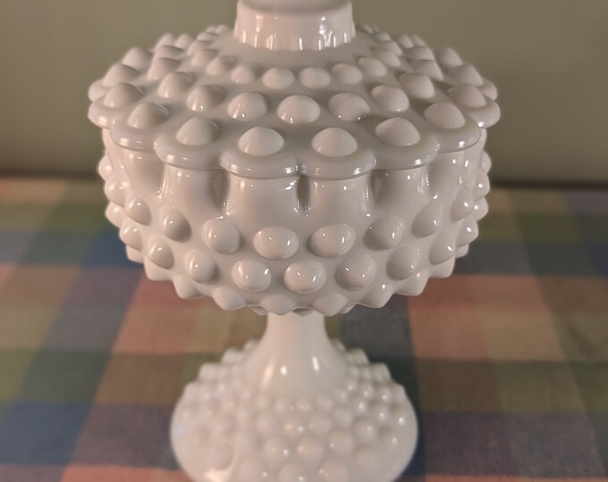 Vintage Fenton Hobnail Covered Candy Dish Milk Glass Hobnail Pedestal ...
