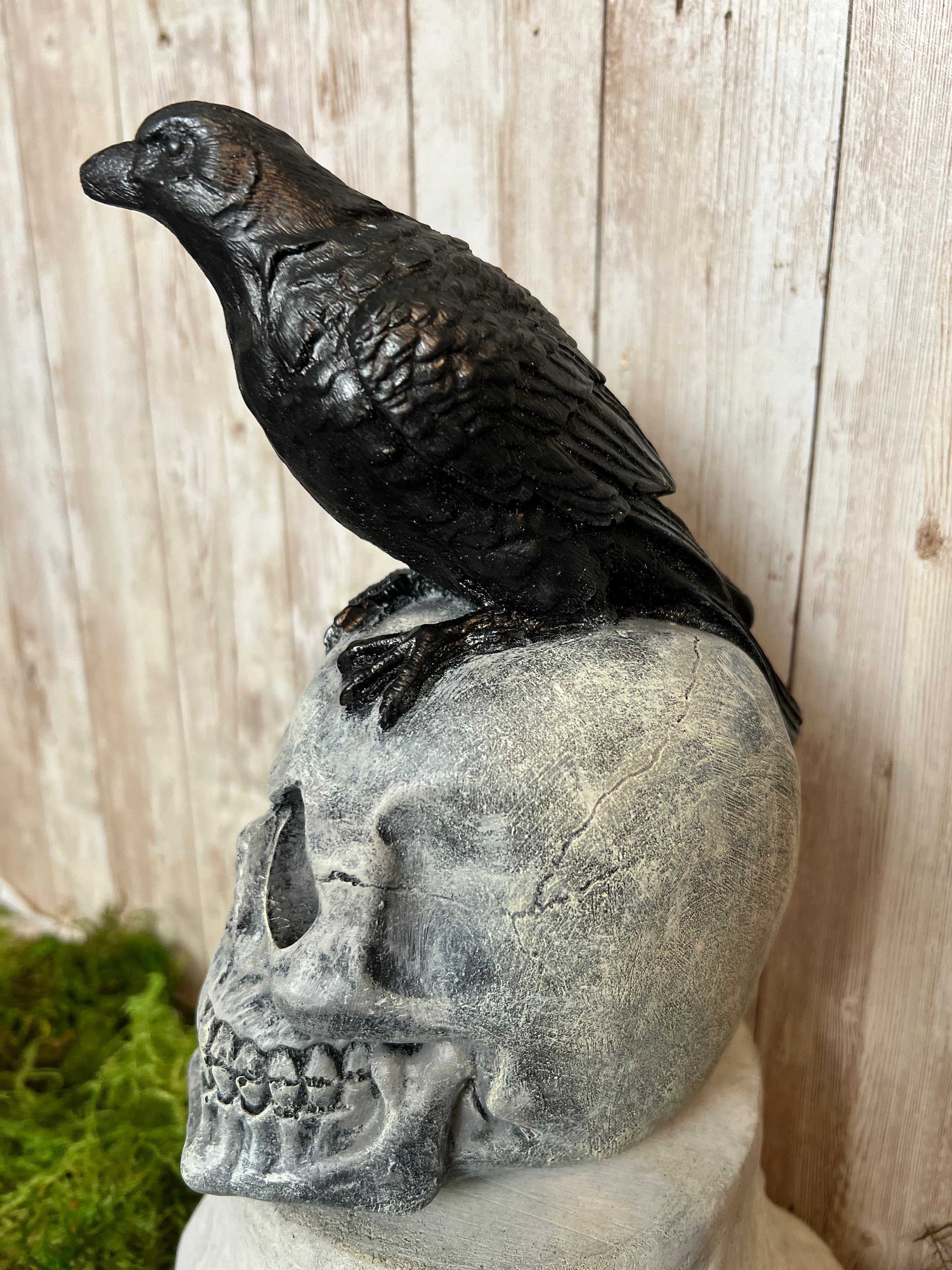 Raven on Skull Statue, Halloween Decoration, Cast Stone Raven Statue ...