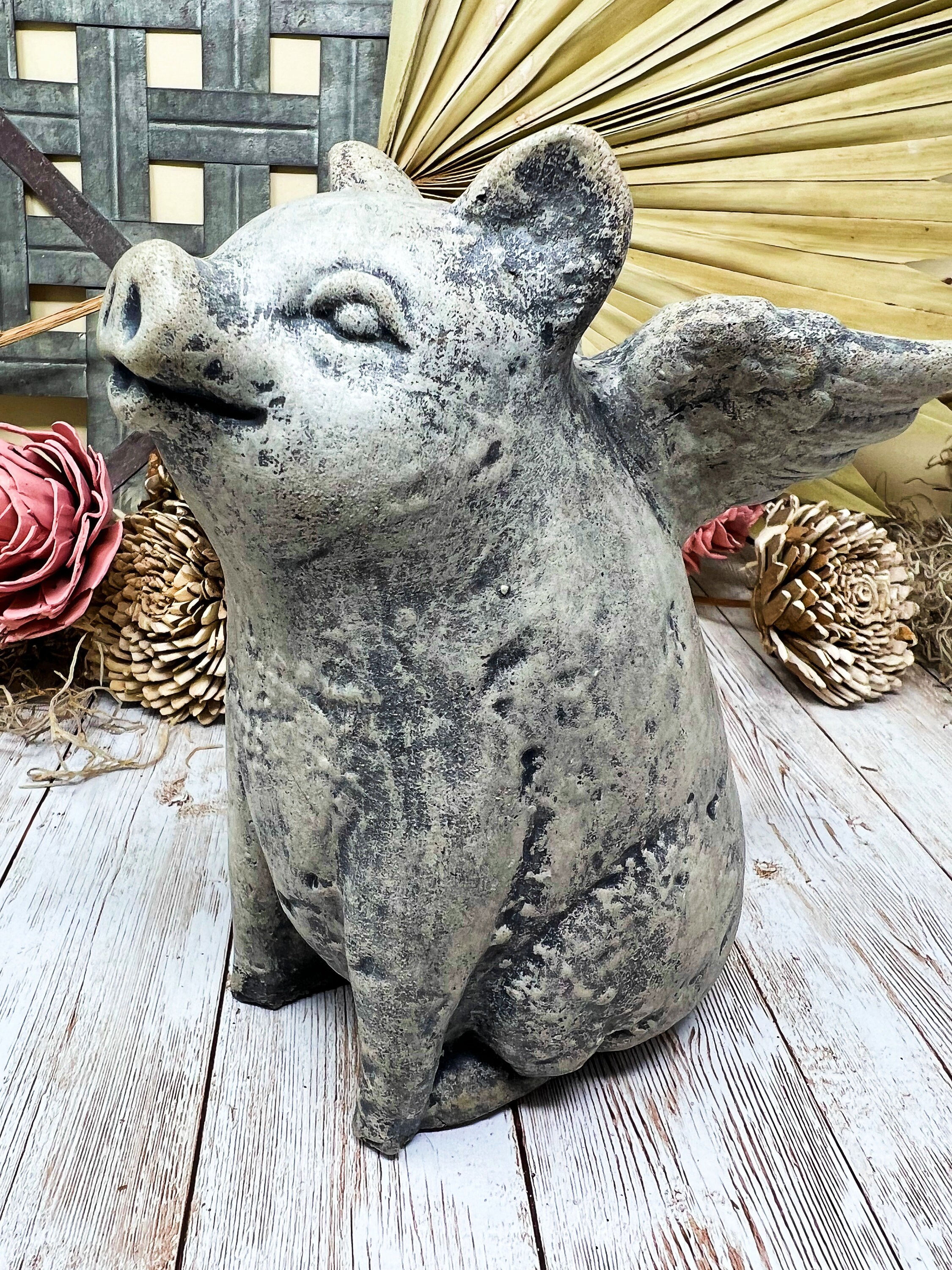 When Pigs Fly Statue, Pig With Angel Wings Statue, Aged Stone Finish ...
