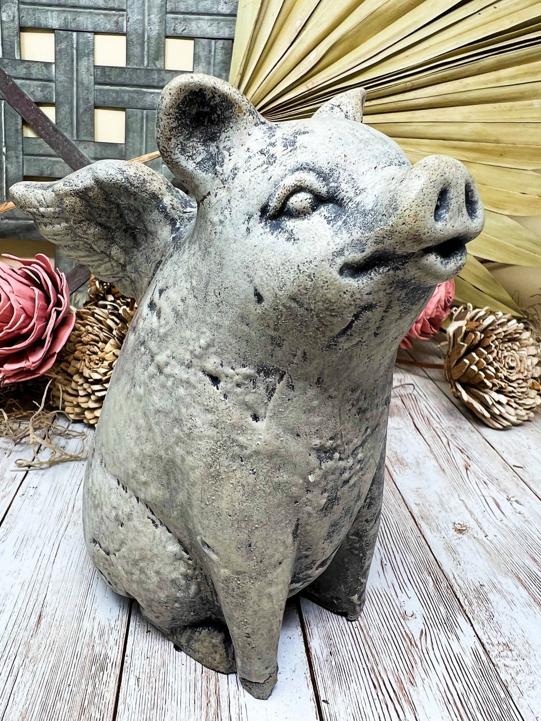 When Pigs Fly Statue, Pig With Angel Wings Statue, Aged Stone Finish ...