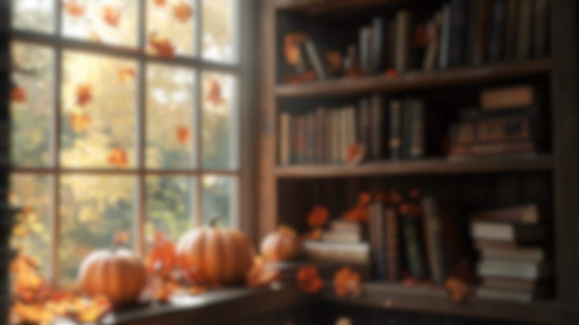 Fall Library Zoom Background, Autumn Theme Sunlit Bookshelf Virtual ...