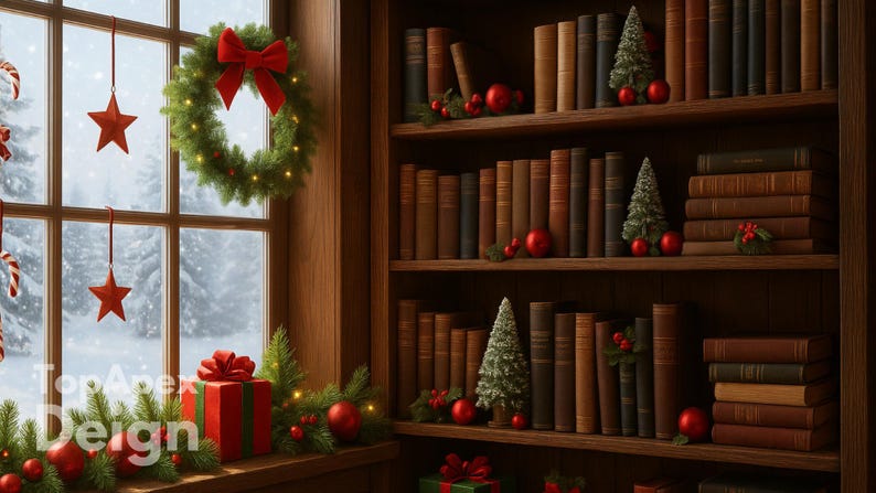 Christmas Library Zoom Background, Winter Theme Sunlit Bookshelf ...