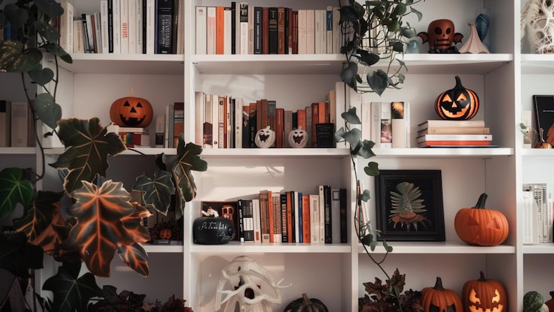 Halloween Zoom Background, Halloween Bookshelf Decor Virtual Background ...
