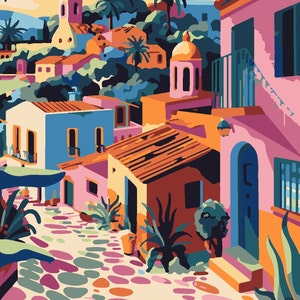 Paint by Number- Vibrant Mexican Village - Mexico Architecture Paint by ...