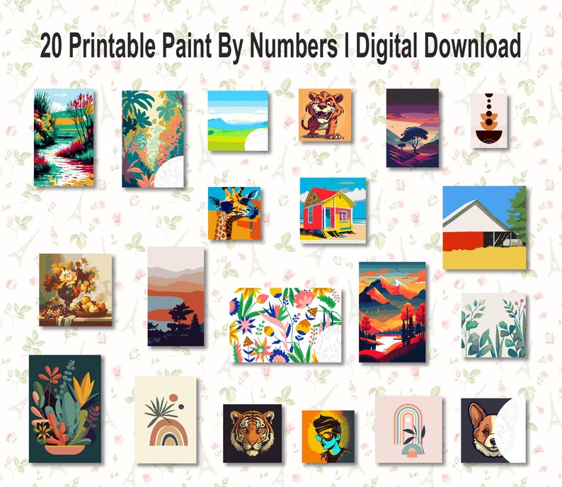 20 Printable Paint by Numbers - Paint by Numbers for Adults - Landscape Still Life Animal Flower ...