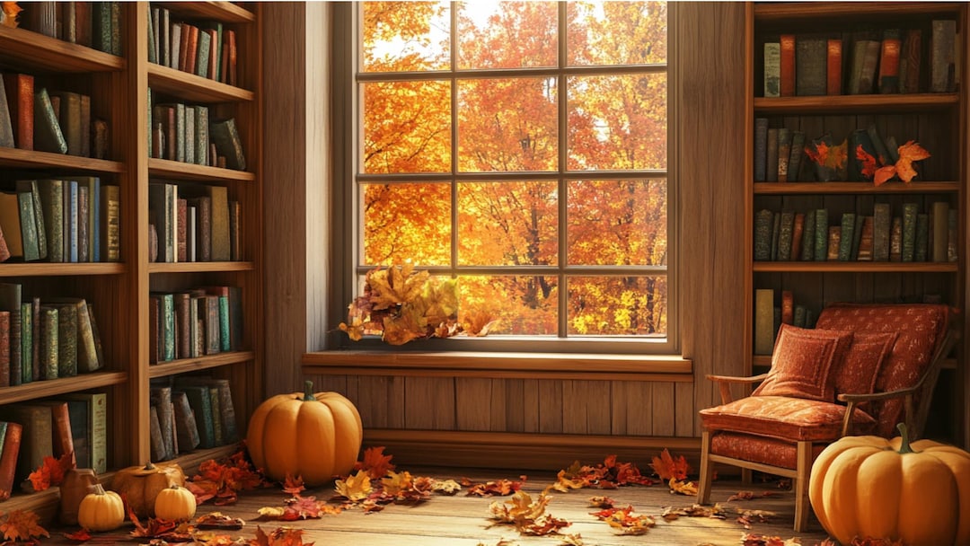 Fall Themed Zoom Background, Autumn Bookshelf for Zoom Meeting Virtual ...