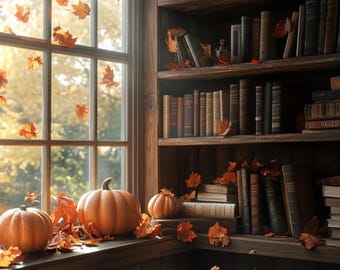 Fall Library Zoom Background, Autumn Theme Sunlit Bookshelf Virtual Backdrop, Zoom Call Backdrop ...