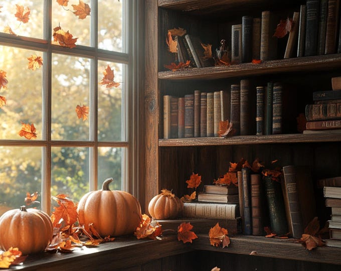 Fall Library Zoom Background, Autumn Theme Sunlit Bookshelf Virtual ...