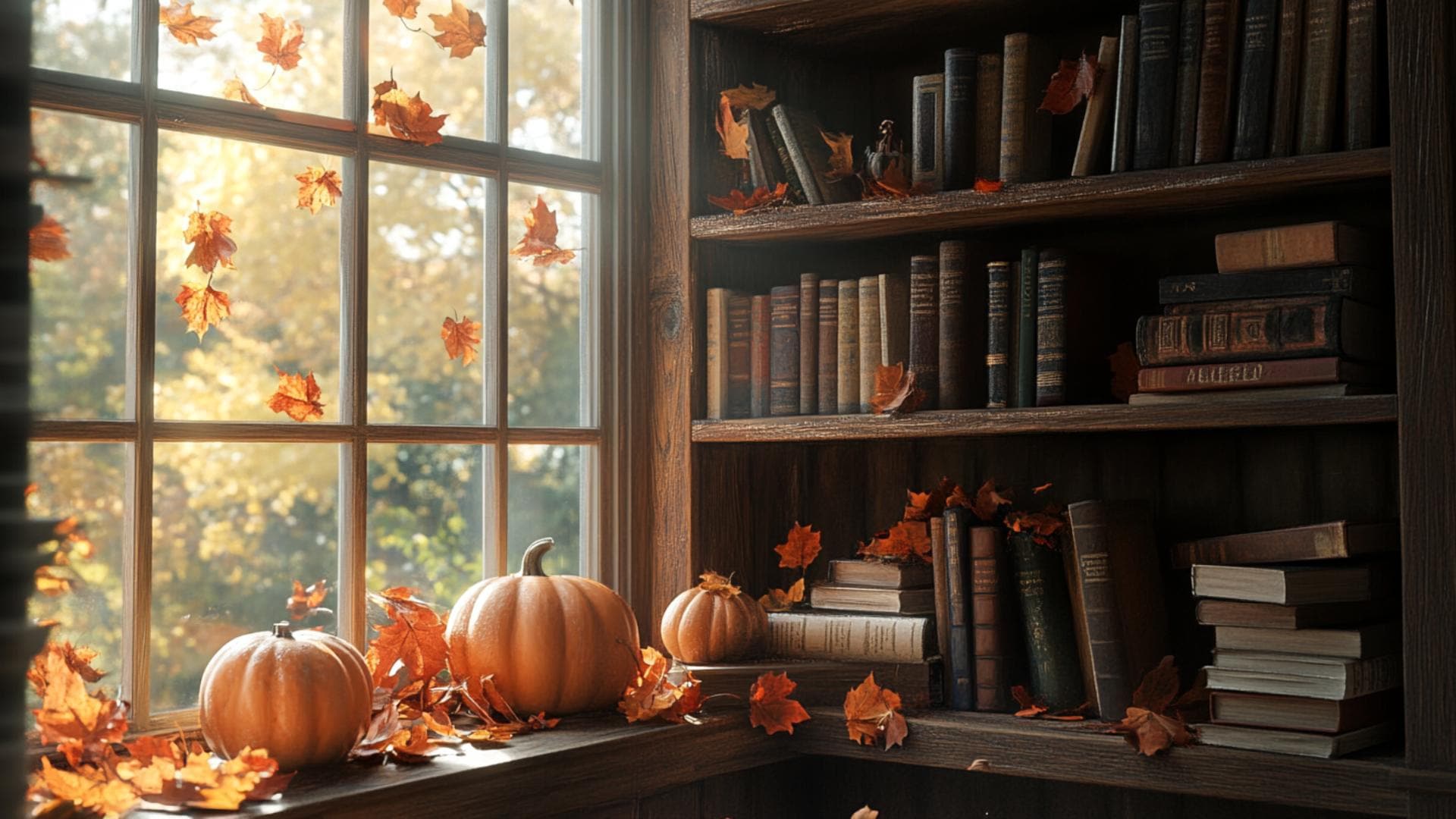Fall Library Zoom Background, Autumn Theme Sunlit Bookshelf Virtual Backdrop, Zoom Call Backdrop ...