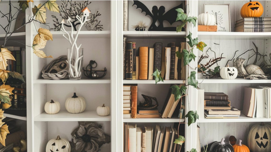 Zoom Background, Halloween Bookshelf Virtual Backdrop, Spooky Home ...
