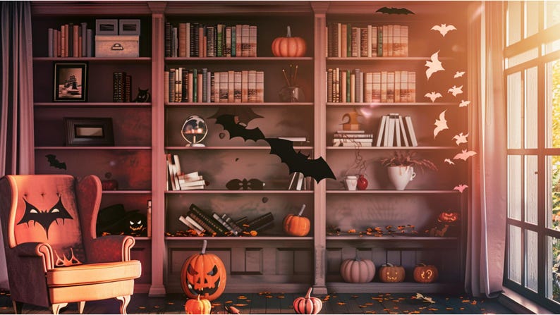 Zoom Background, LOFI Halloween Bookshelf Virtual Background, Autumn ...