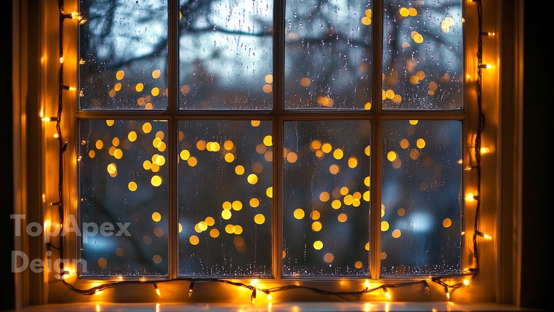 Zoom Background, Holiday Light Rainy Window Scene Background Zoom ...