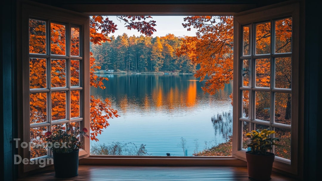Autumn Lake View Zoom Background, Open Window Scene Visual Background ...