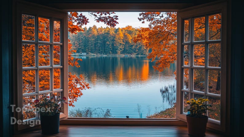 Autumn Lake View Zoom Background, Open Window Scene Visual Background ...
