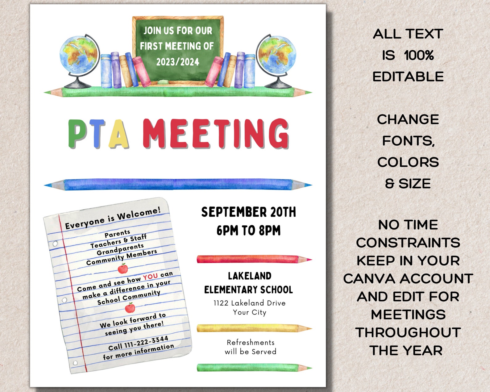 PTA Meeting Flyer Editable Canva Template, PTO Event Flyer Template ...