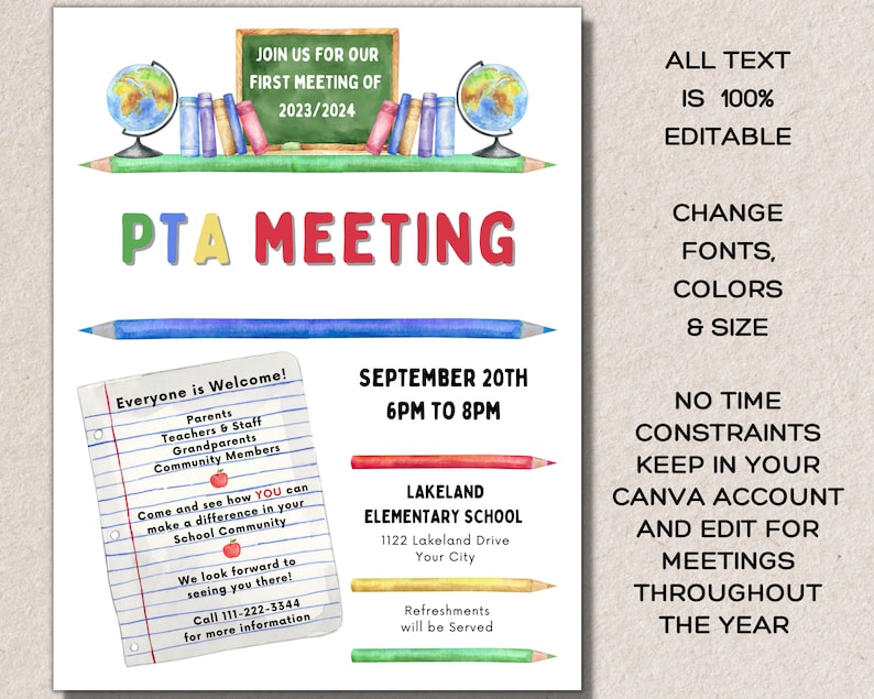 PTA Meeting Flyer Editable Canva Template, PTO Event Flyer Template ...