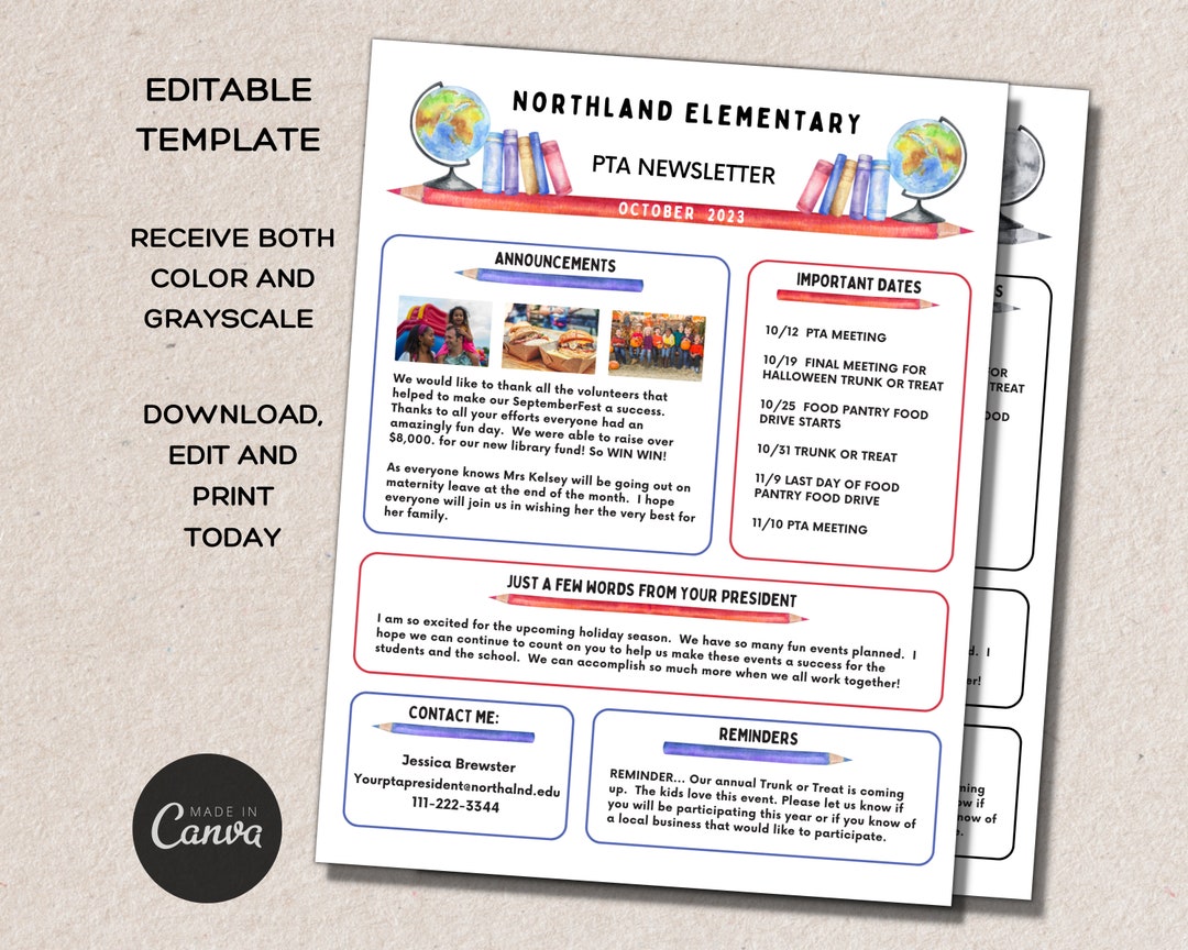 PTA PTO Newsletter Template, School Announcements and Event Calendar ...