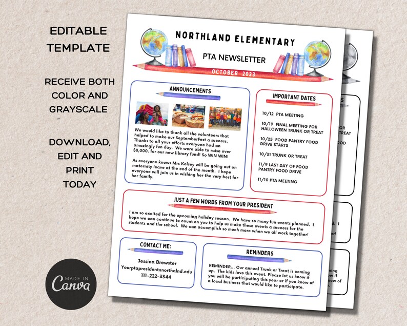 PTA PTO Newsletter Template, School Announcements and Event Calendar ...