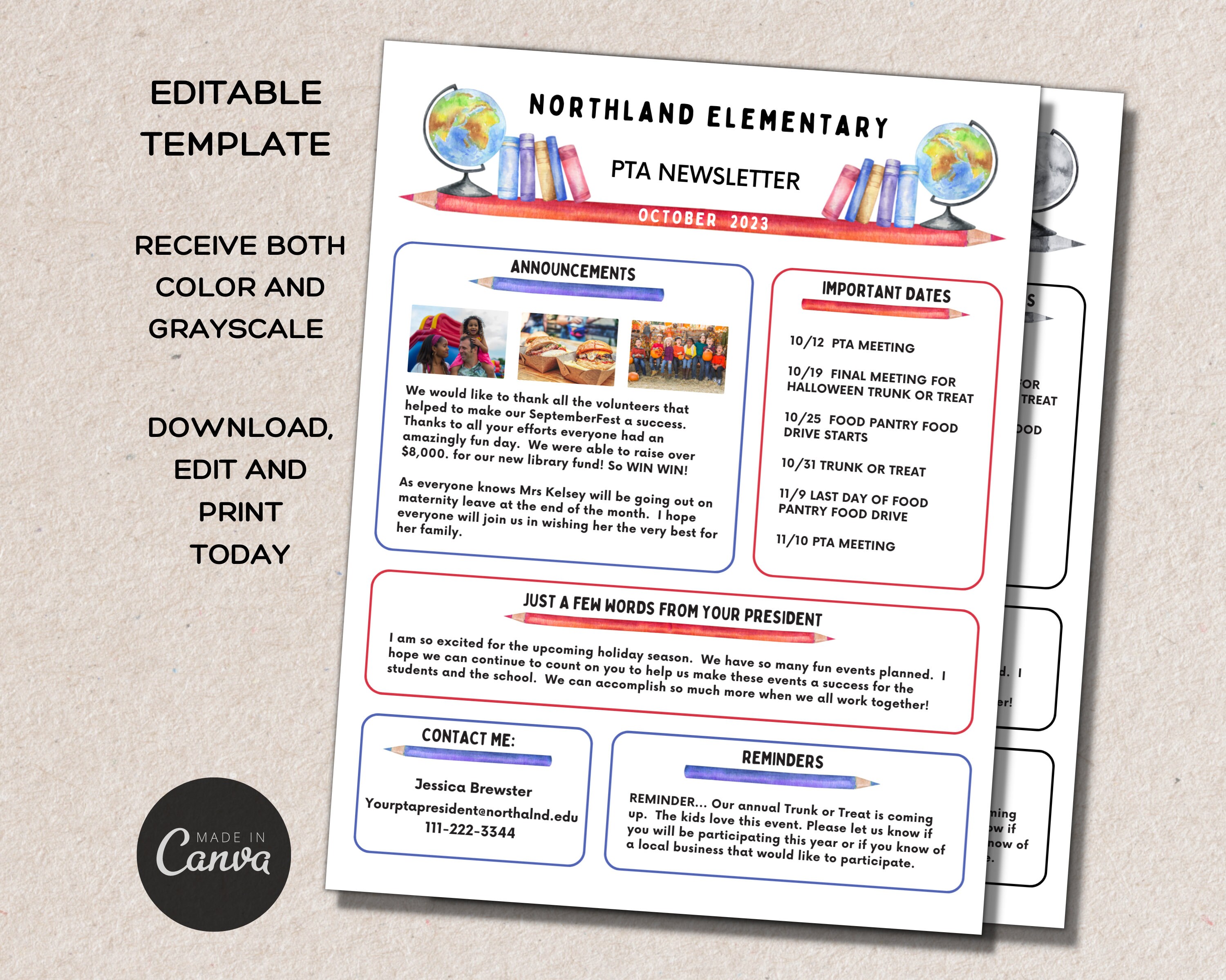 PTA PTO Newsletter Template, School Announcements and Event Calendar ...
