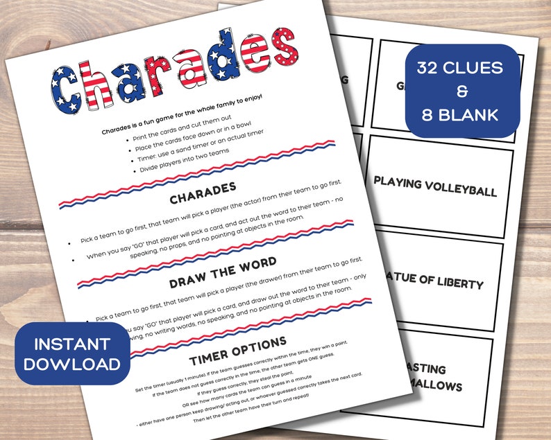 Charades, 4th of July Game, Summer Family Reunion Game, Patriotic Game ...