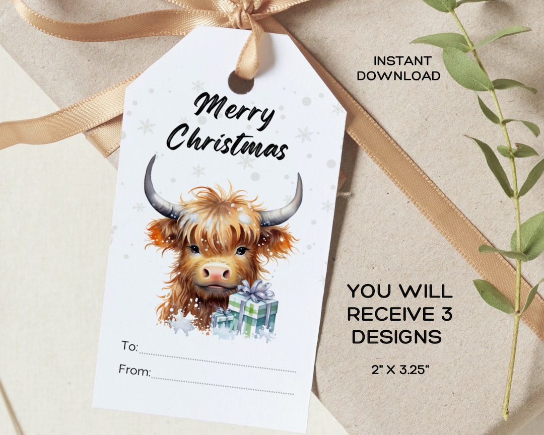 Christmas Highland Cow Gift Tags Printable, Merry Christmas Present Tag ...