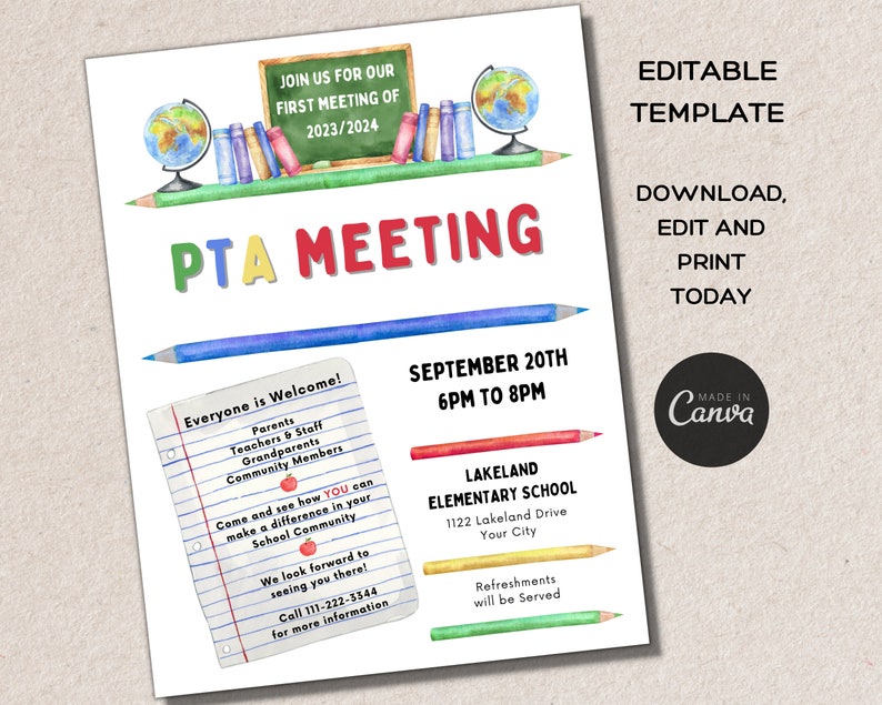 PTA Meeting Flyer Editable Canva Template, PTO Event Flyer Template ...