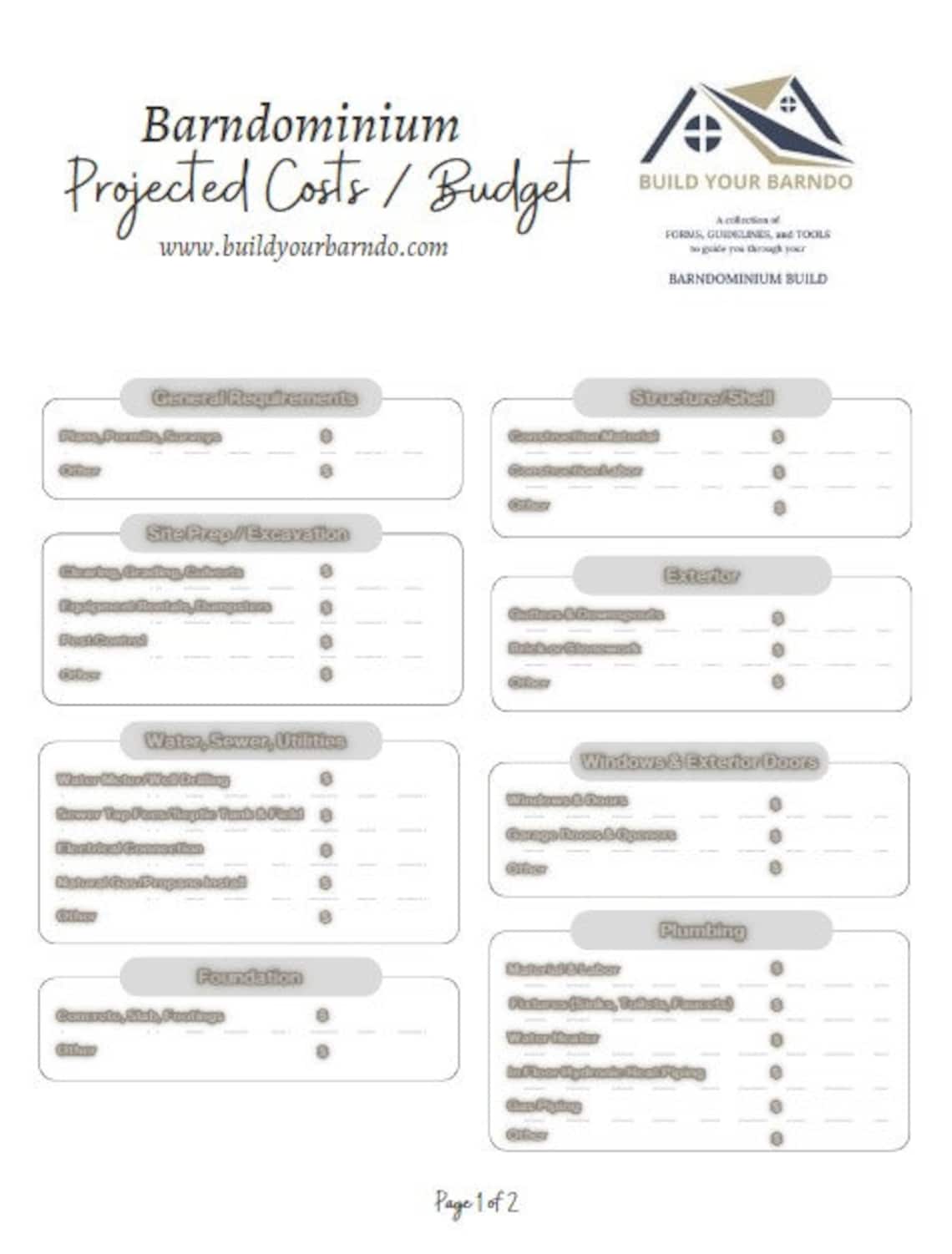 Barndominium Budget W/ Projected Costs Worksheet. Barndo Estimate ...