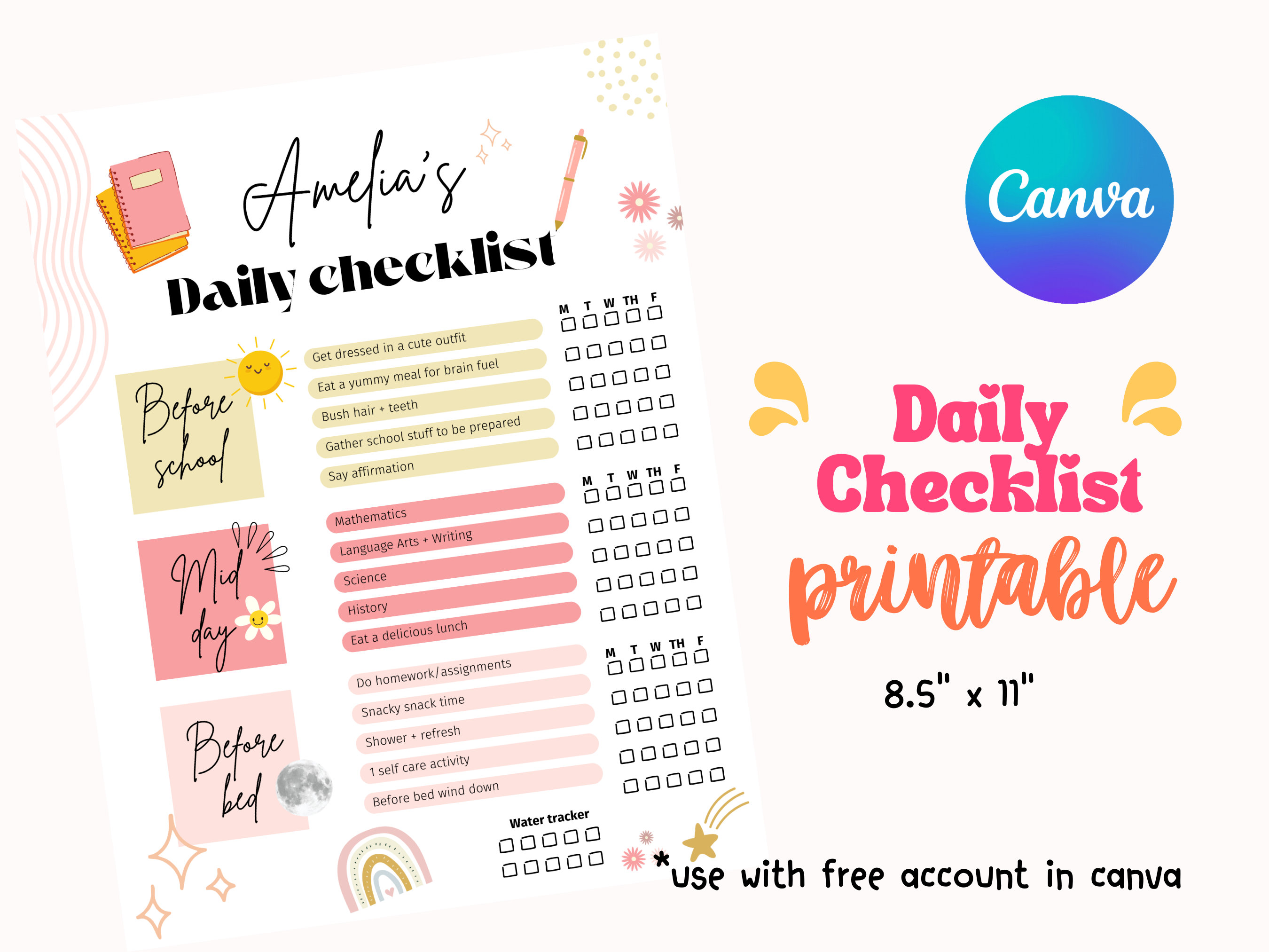 Pink Daily Checklist Digital Download, Kids Daily School Checklist ...