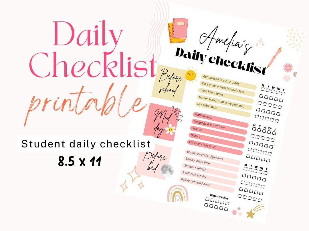 Pink Daily Checklist Digital Download, Kids Daily School Checklist ...