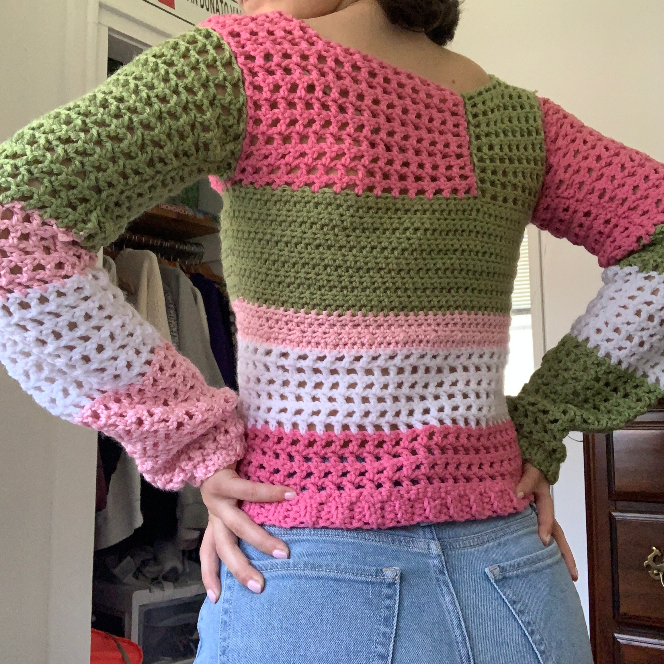 Crochet Colorblock Cropped Sweater | Green, Pink, White | Premade - Etsy