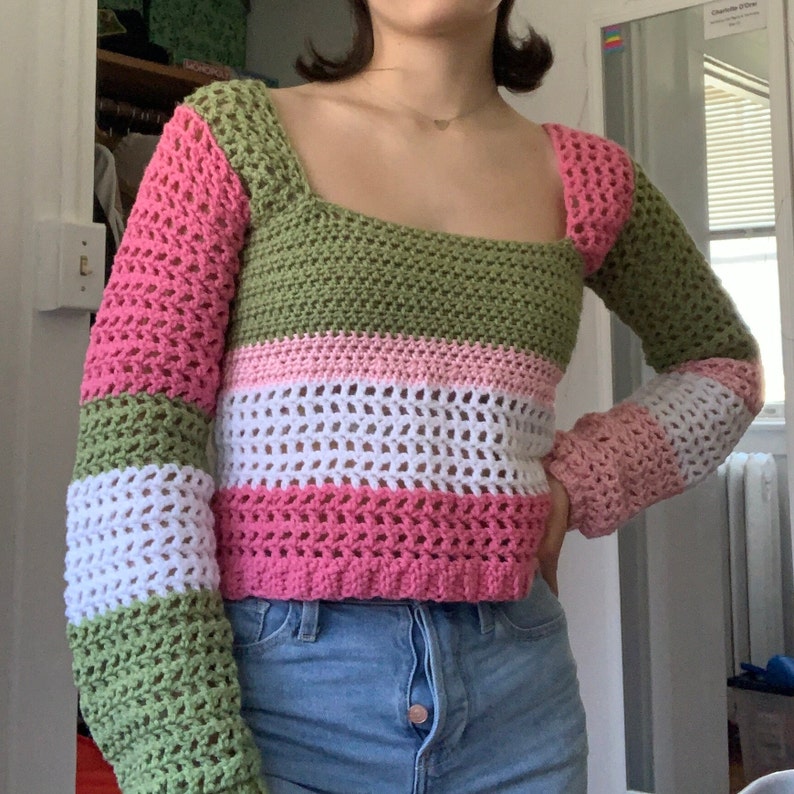 Crochet Colorblock Cropped Sweater | Green, Pink, White | Premade - Etsy