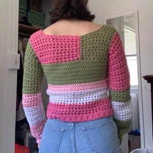 Crochet Colorblock Cropped Sweater | Green, Pink, White | Premade - Etsy
