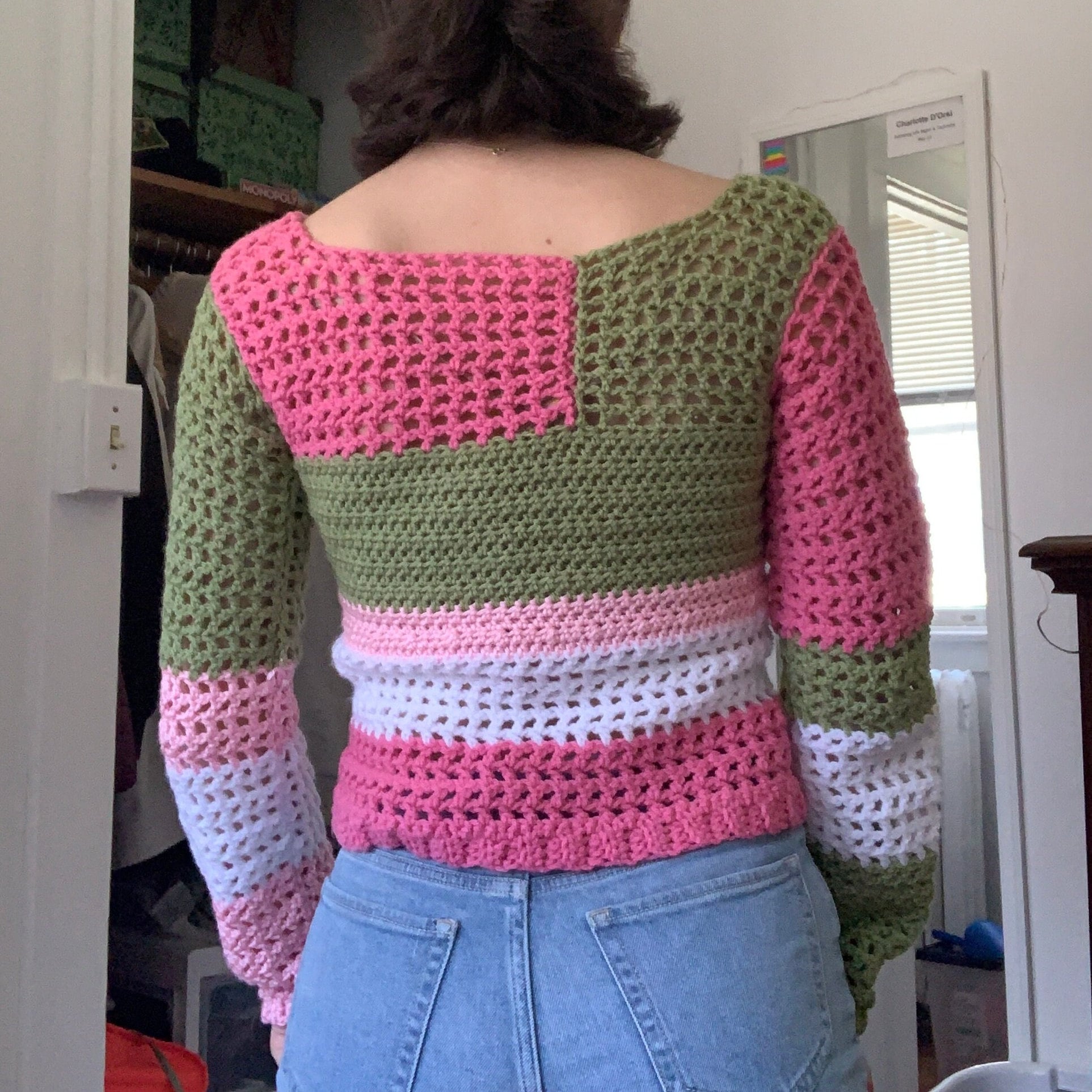 Crochet Colorblock Cropped Sweater | Green, Pink, White | Premade - Etsy